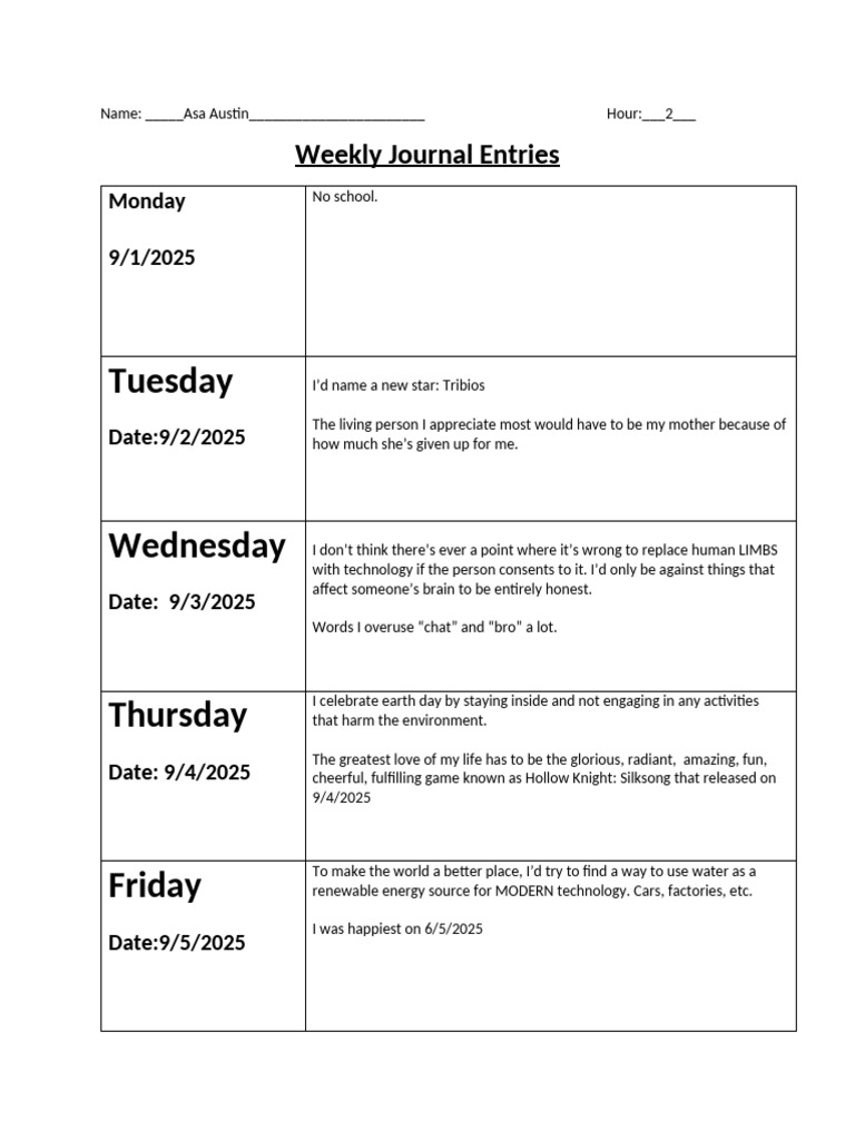 Weekly Journal Entries (4) | PDF