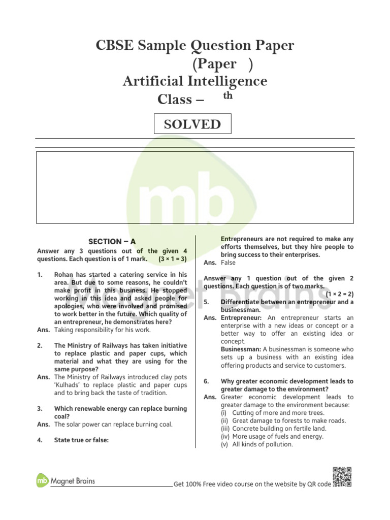 Class 10th - AI CBSE Sample Paper Solutions 2021-22 Paper 2 | PDF ...