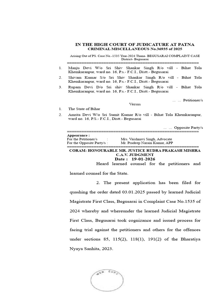 Patna High Court Quashes Matrimonial Case | PDF | Marriage | Prosecutor