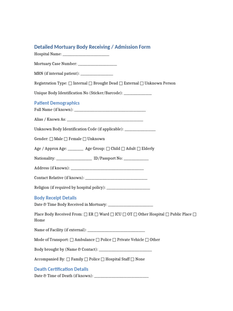Mortuary Body Admission Form Template | PDF | Death | Health Care