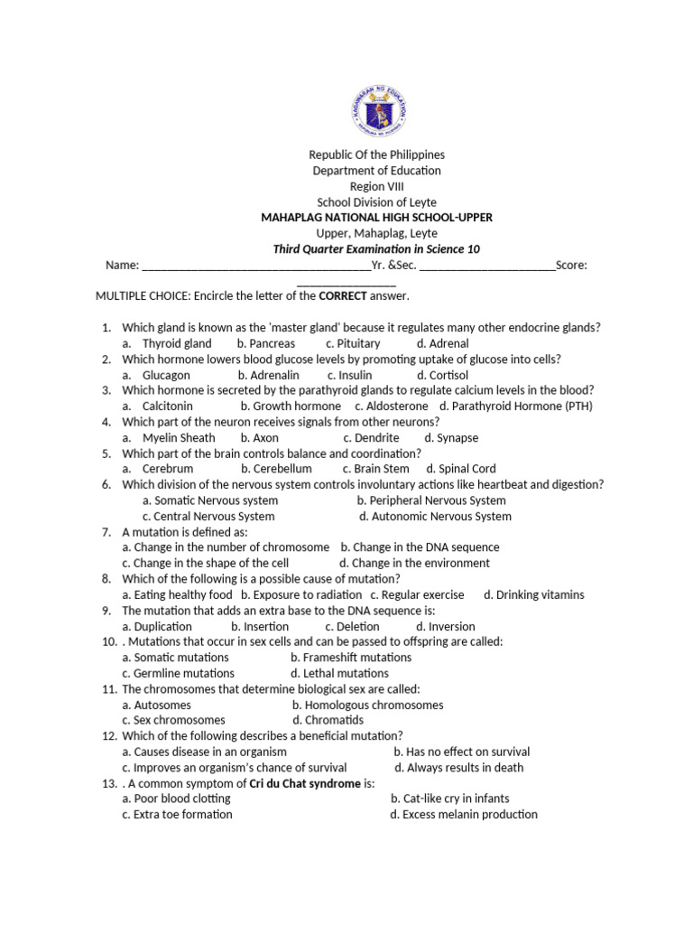 Science 10 Third Quarter Exam Guide | PDF | Nervous System | Evolution