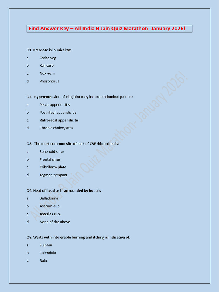 Find Answer Key All India B Jain Quiz Marathon January 2026 | PDF