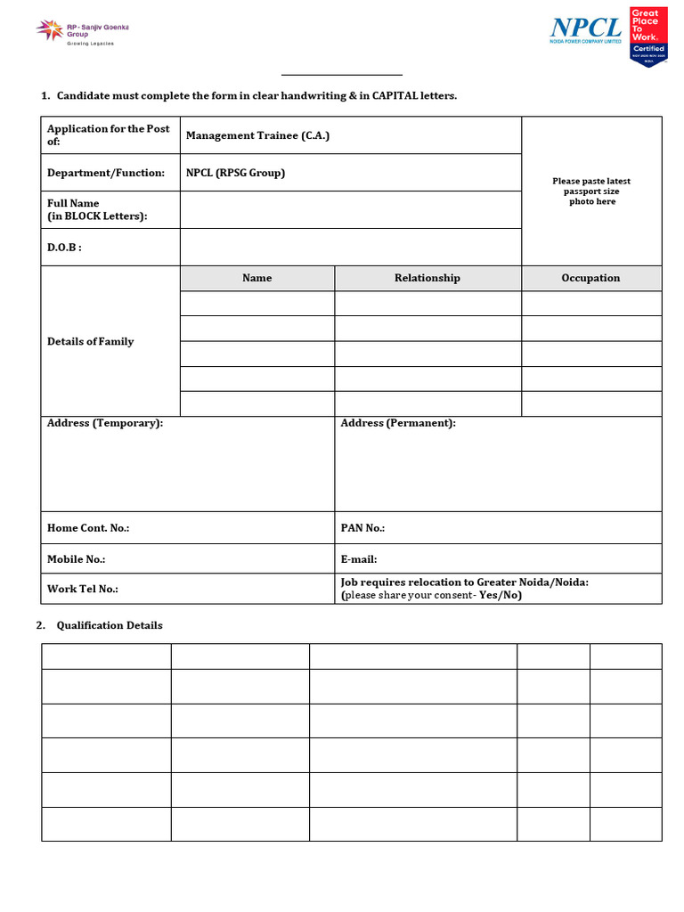 NPCL Management Trainee Application Form | PDF