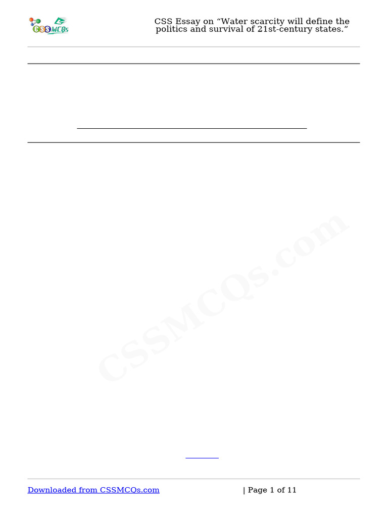 CSS Essay on “Water Scarcity Will Define the Politics and Survival of ...
