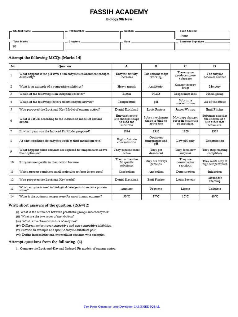 9th Grade Biology Enzyme MCQs | PDF | Enzyme | Active Site