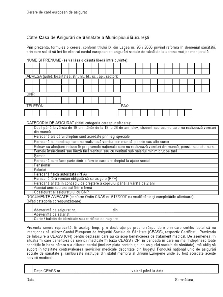 Cerere Card European de Sanatate | PDF