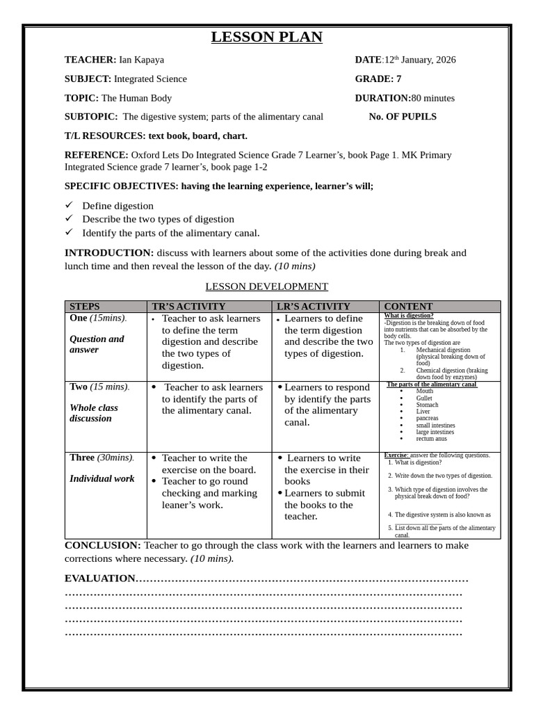 SCIENCE LESSON PLANS | PDF | Gastrointestinal Tract | Digestion