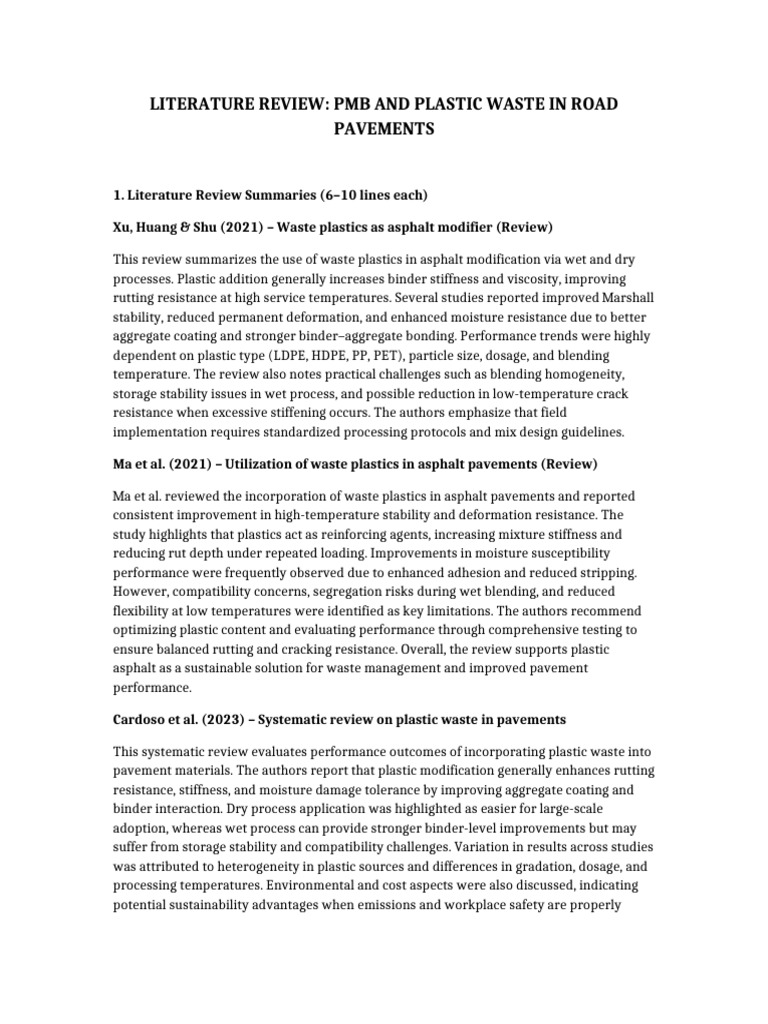 Literature Review PMB Plastic Waste (1) | PDF | Polymers | Road Surface