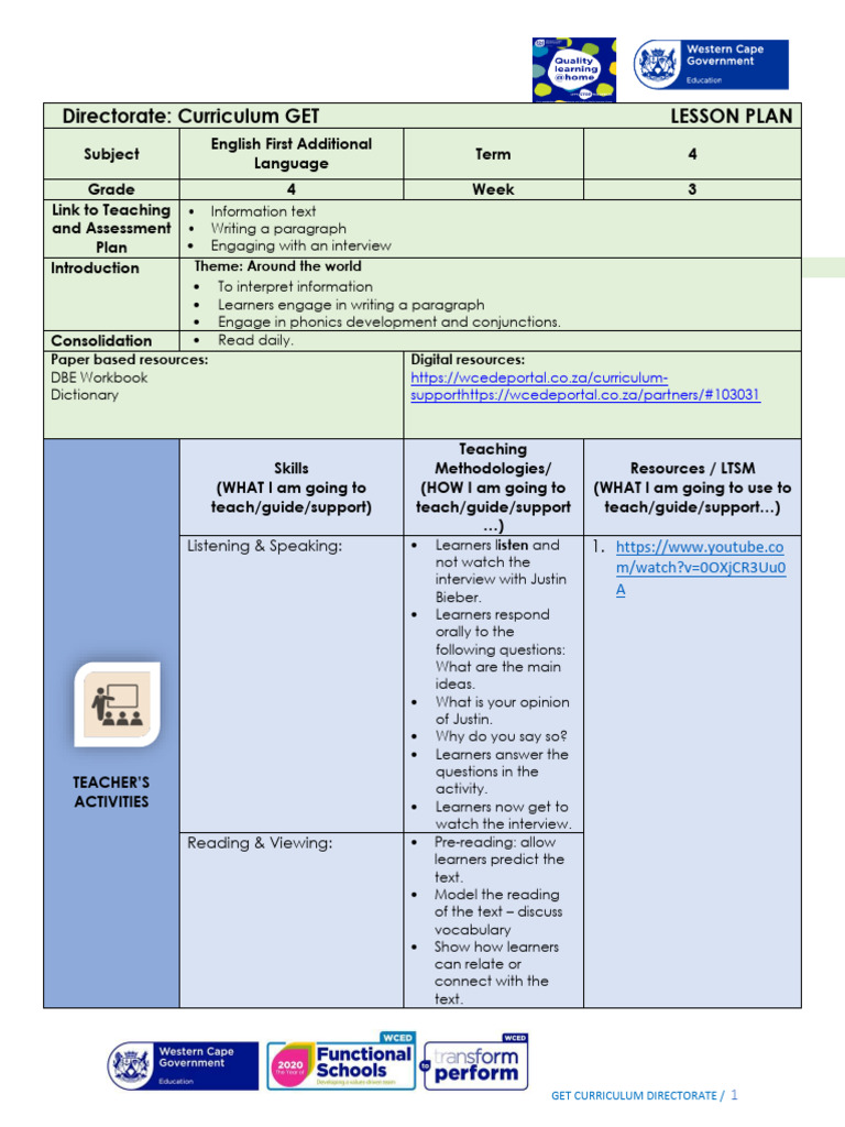 Grade 4 English Lesson Plan: Week 3 | PDF | Phonics | Psycholinguistics