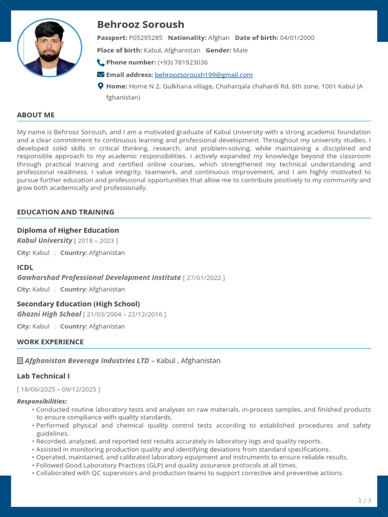 Behrooz Soroush CV-GSH | PDF | Pharmacy | Afghanistan