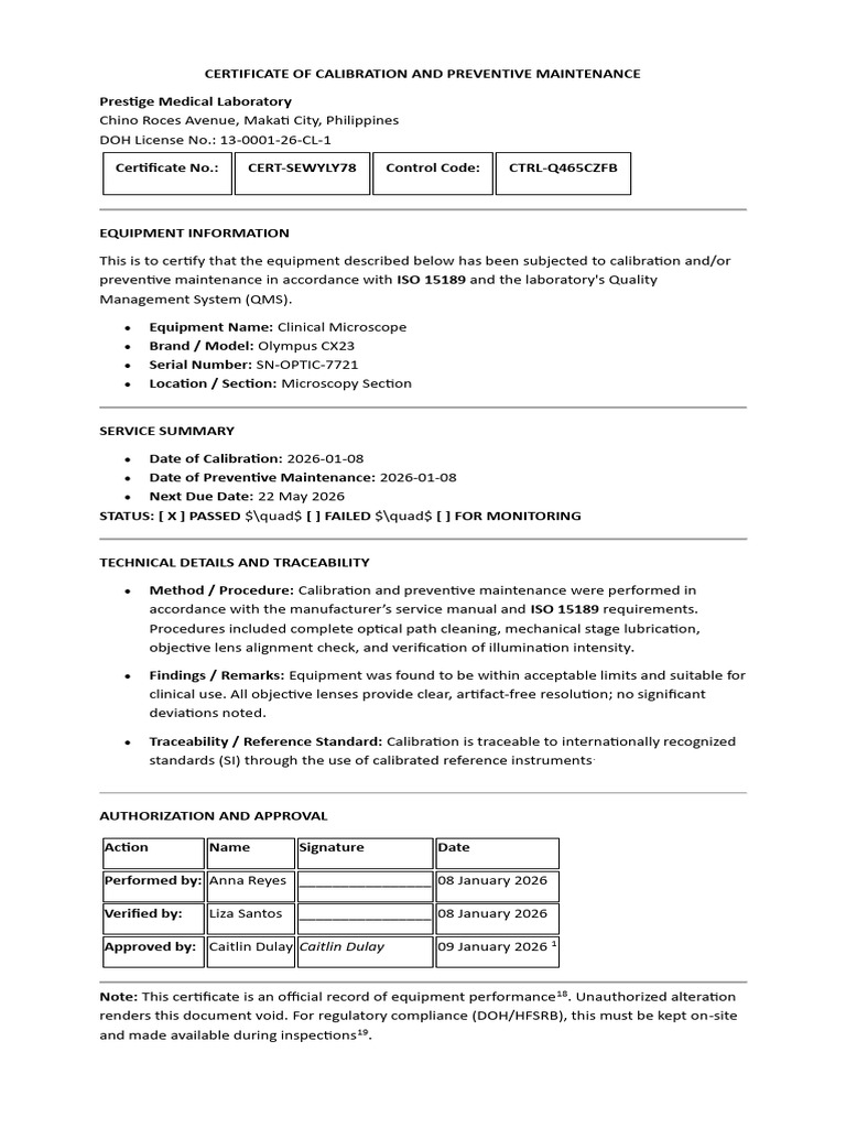 Calibration Certificate for Olympus Microscope | PDF