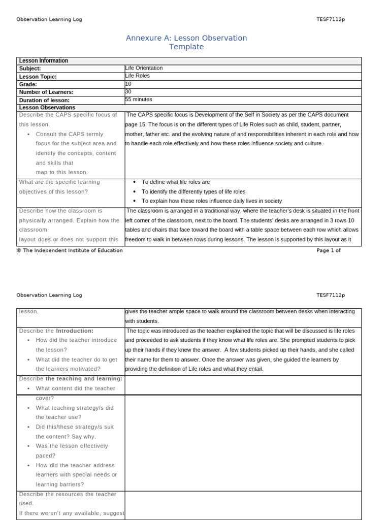 Lesson Observation Template | PDF