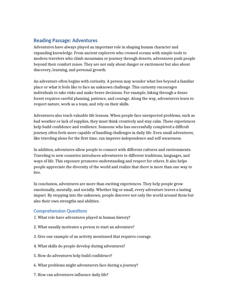 Adventures Reading Passage | PDF | Curiosity | Personal Development