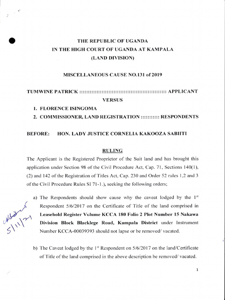 Tumwine v Isingoma and Another (Misc Cause 131 of 2019) 2021 UGHCLD 476 ...