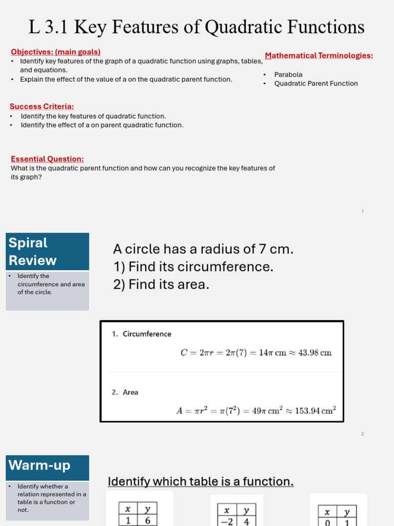 Key Features of Quadratic Functions | PDF | Quadratic Equation ...