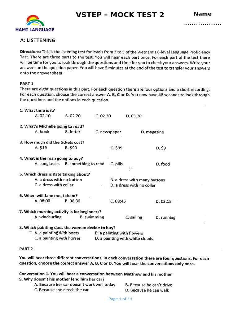 VSTEP Mock Test 2 Guide | PDF