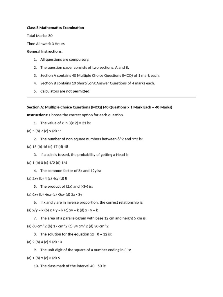 Class 8 Mathematics Examination 30 Nov | PDF | Area | Multiple Choice