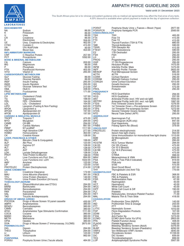 6853f6351a730942152ae57f_Ampath Price List 2025 FINAL 30 JANUARY 2025 | PDF | Hepatitis B ...
