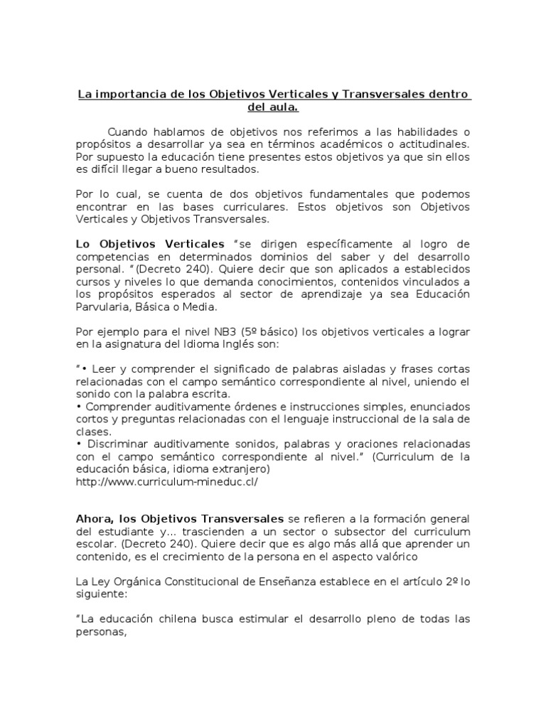 Importancia de Objetivos Transversales | PDF | Jardín de infancia ...