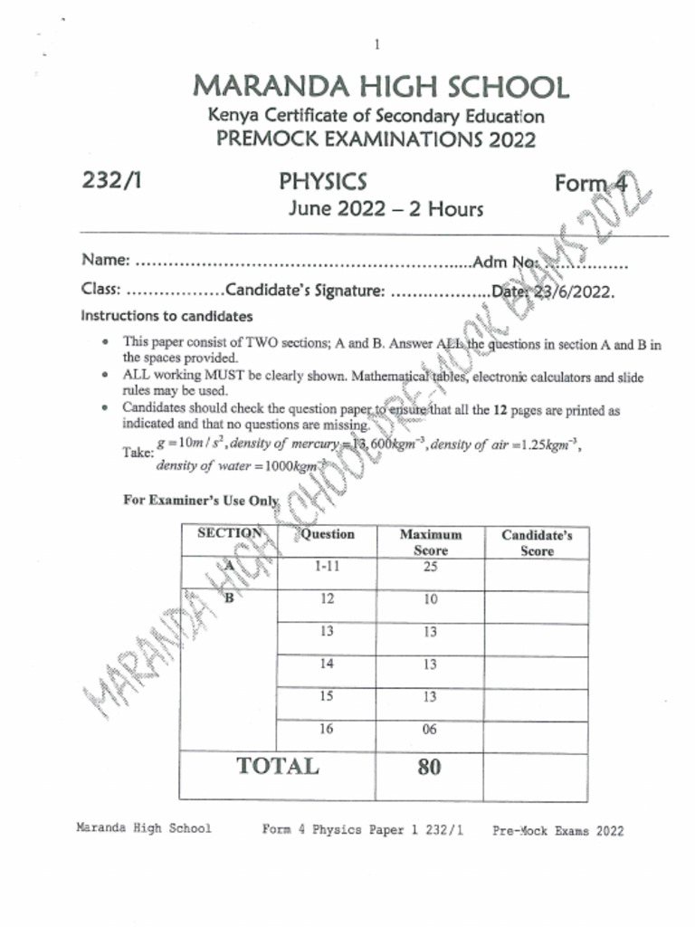 Physics Paper 1 Maranda Form 4 End Term 1 | PDF