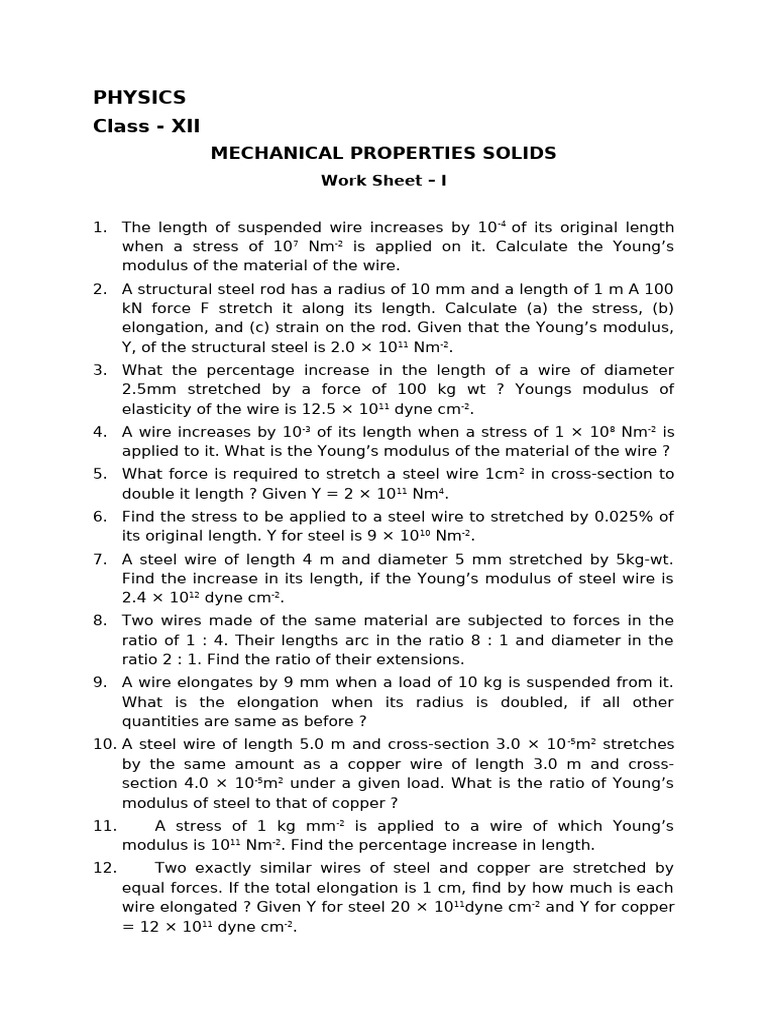 Mechanical Properties Solids - Work Sheet-1 | PDF | Young's Modulus ...