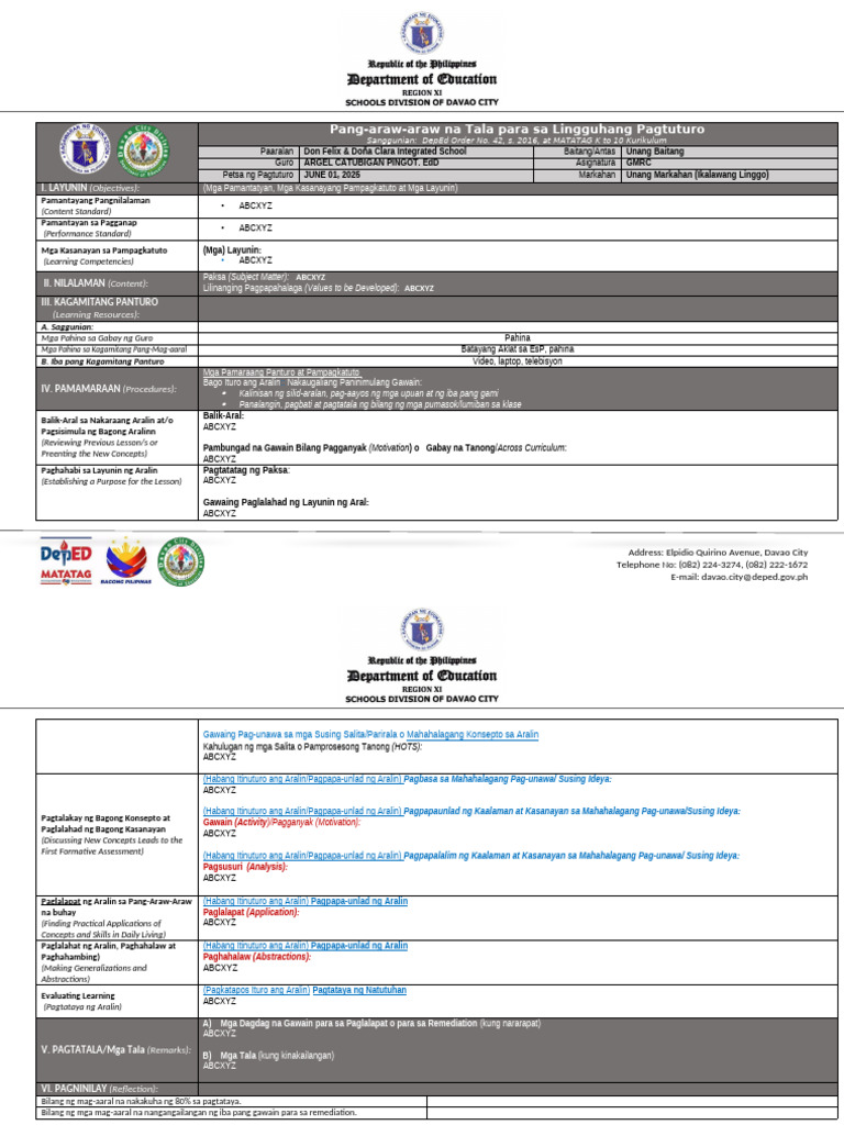 Lesson Plan Pang Araw Araw Na Tala Para Sa Lingguhang Pagtuturo ...