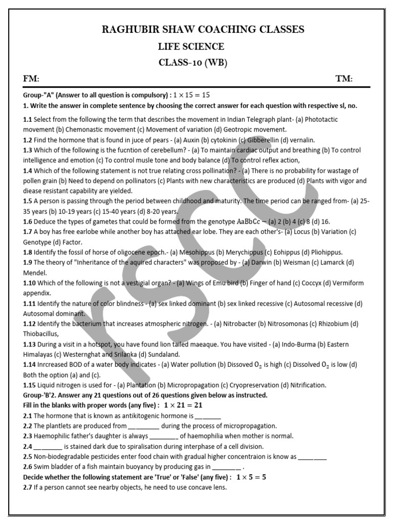 Class 10 Life Science Exam Questions | PDF | Evolution | Chromosome