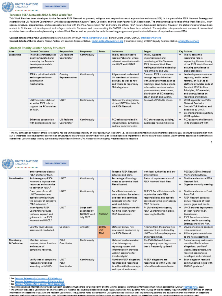 Tanzania PSEA Network - Full Work Plan - 2022 & 2023 | PDF | Unicef ...