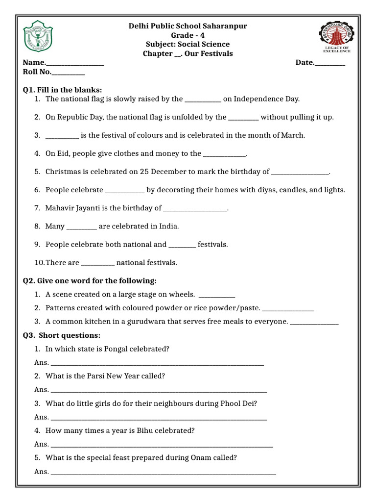 Our Festivals Worksheet Grade 3 | PDF