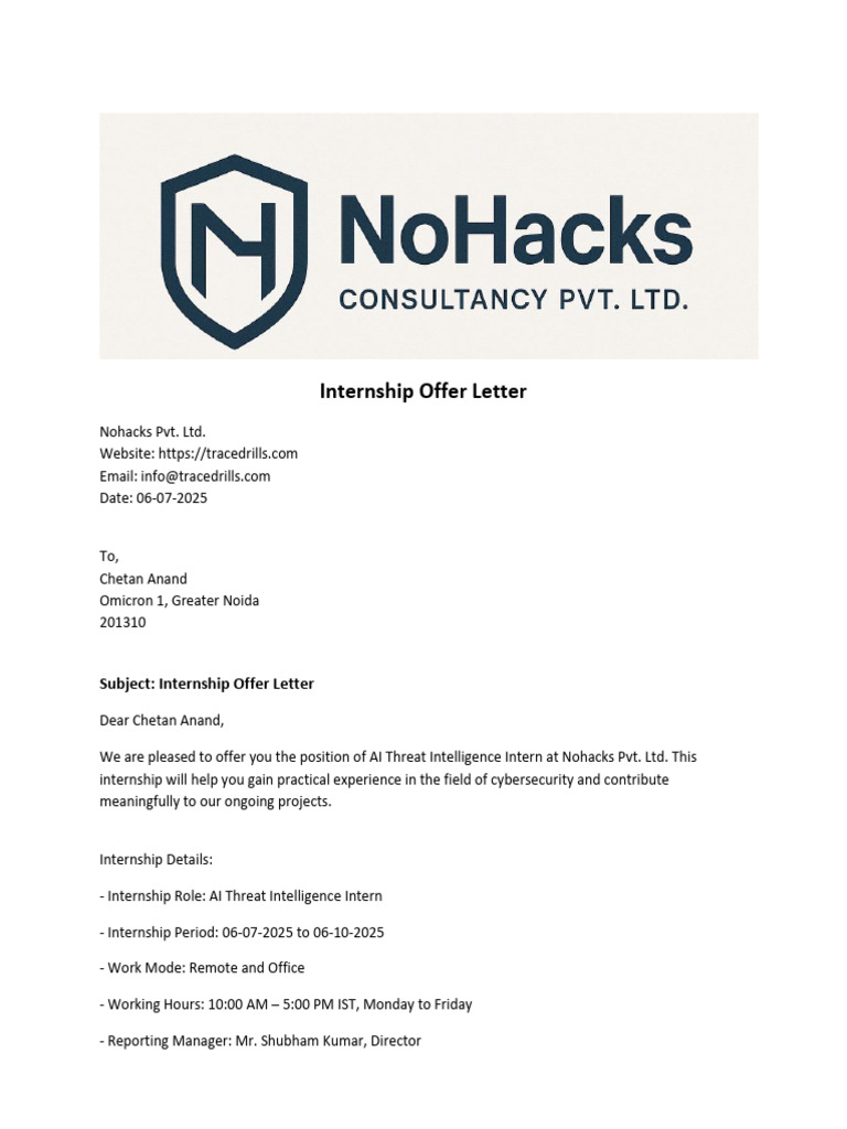 Chetan Internship Letter With NDA | PDF | Non Disclosure Agreement ...