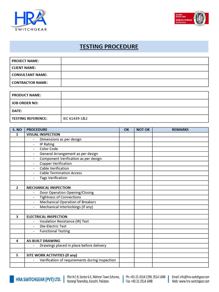 Testing Procedure for Electrical Equipment | PDF