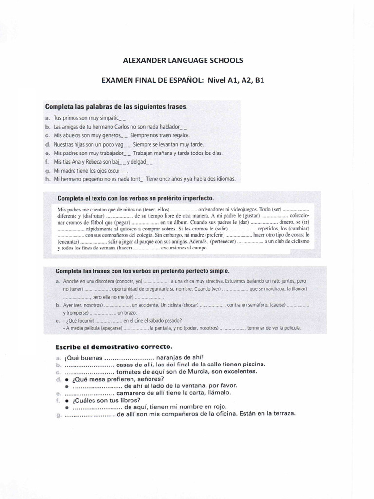 Examen Final Esp Als A1, A2, b1 | PDF