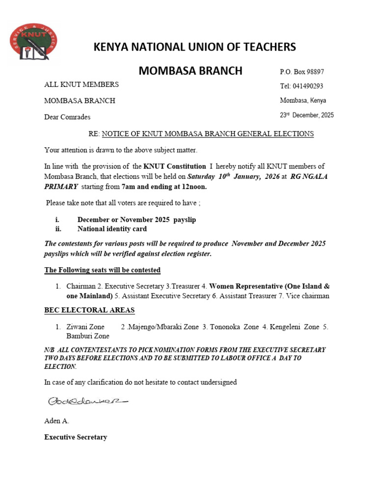 KNUT Mombasa Branch Election Notice | PDF