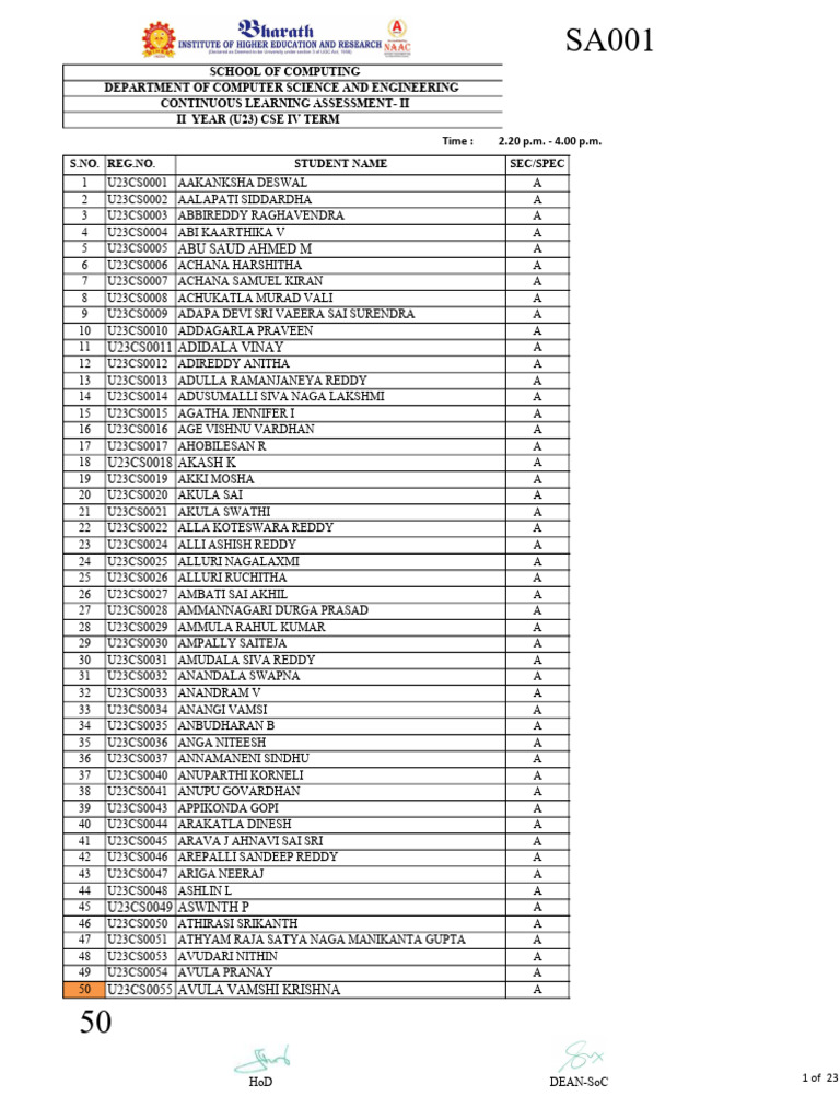 II Year-IV Term Cla2 Theory Seating Arrangement | PDF