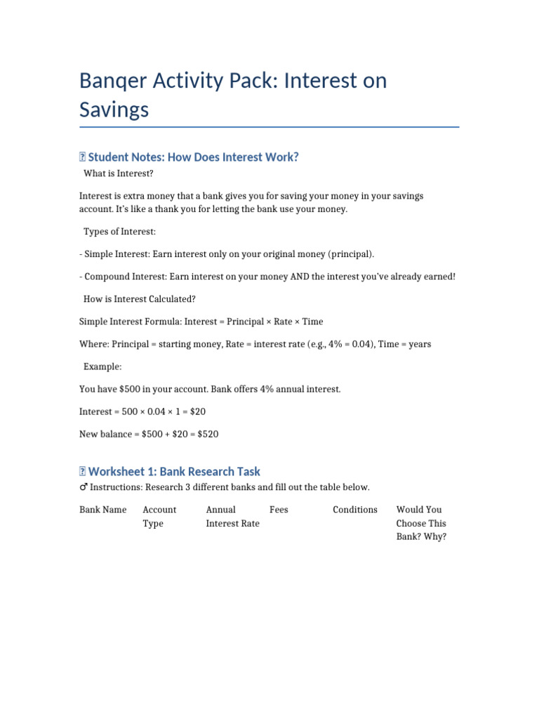 Banqer Interest on Savings Activity Pack | PDF | Interest | Compound ...