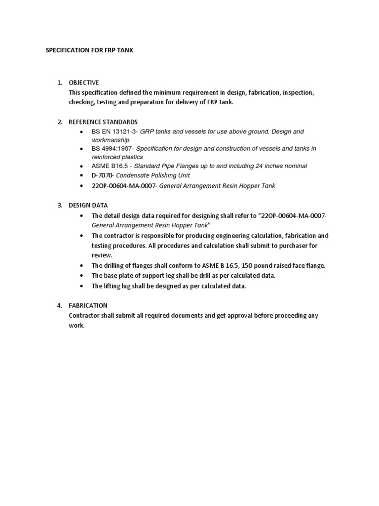 Specification For FRP Tank | PDF | Technology & Engineering