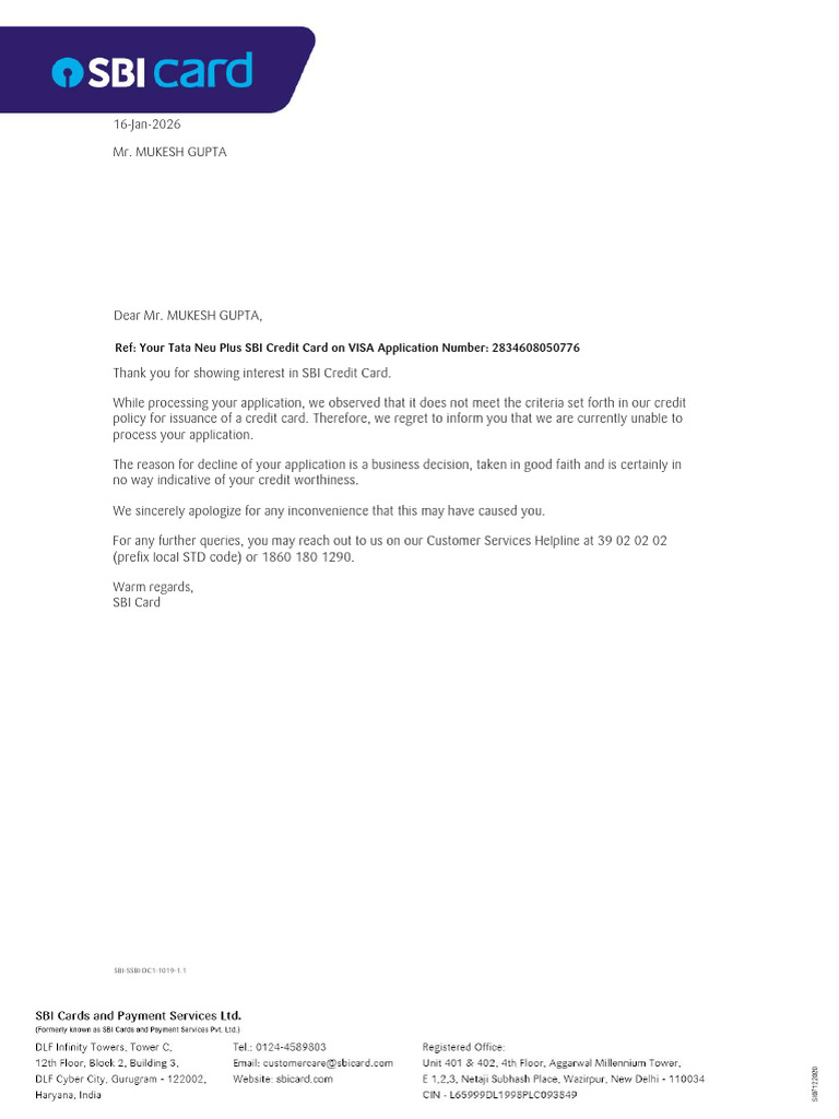 SBI Credit Card Application Decline Notice | PDF