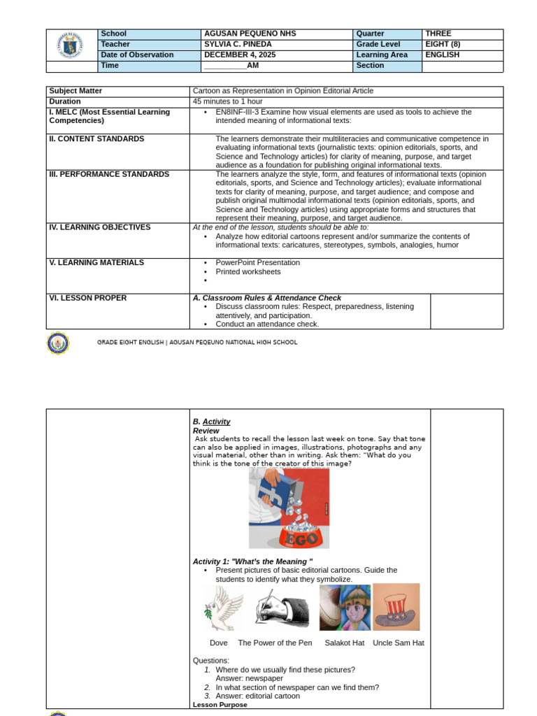 PINEDA LESSON PLAN, QUARTER 3 LESSON 3 | PDF | Cartoon | Illustration