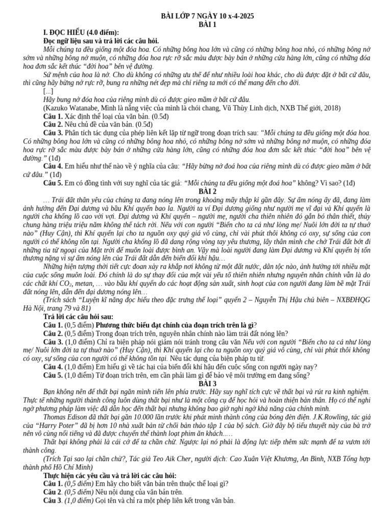 BÀI TẬP VỀ NHÀ (LÀM ĐỌC - HIỂU TỪ BÀI 1-9) | PDF