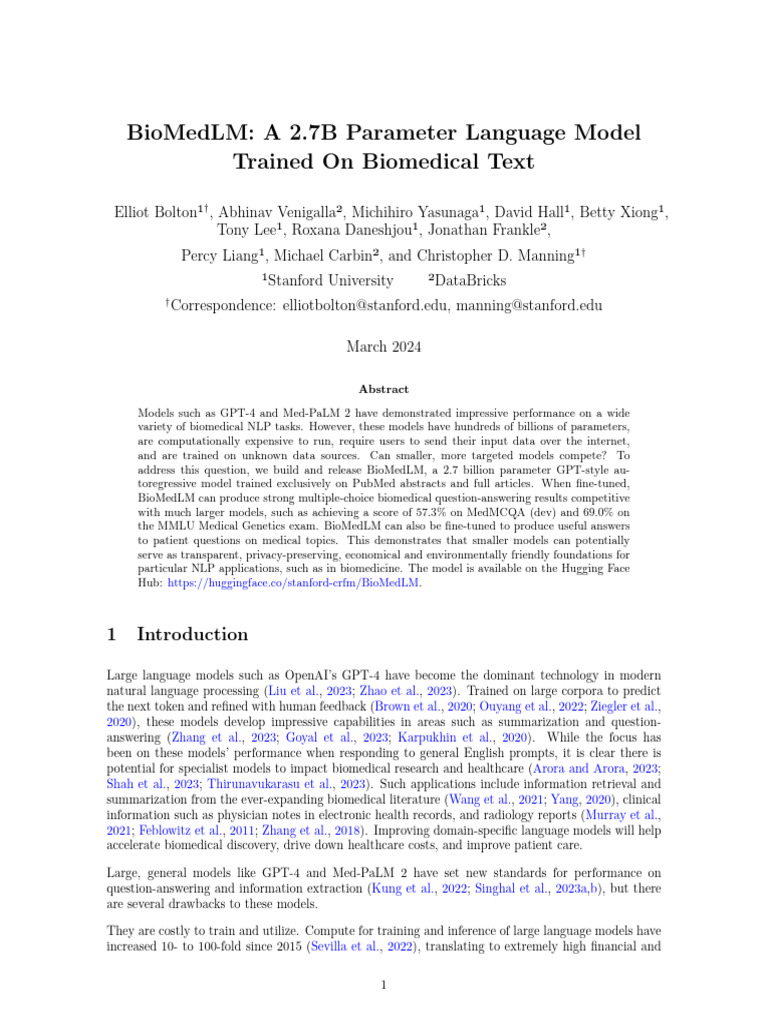 BioMedLM: Efficient Biomedical NLP Model | PDF | Back Pain | Low Back Pain