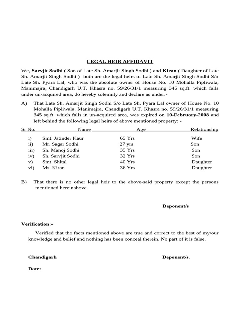 Legal Heir Affidavit for Property Claim | PDF