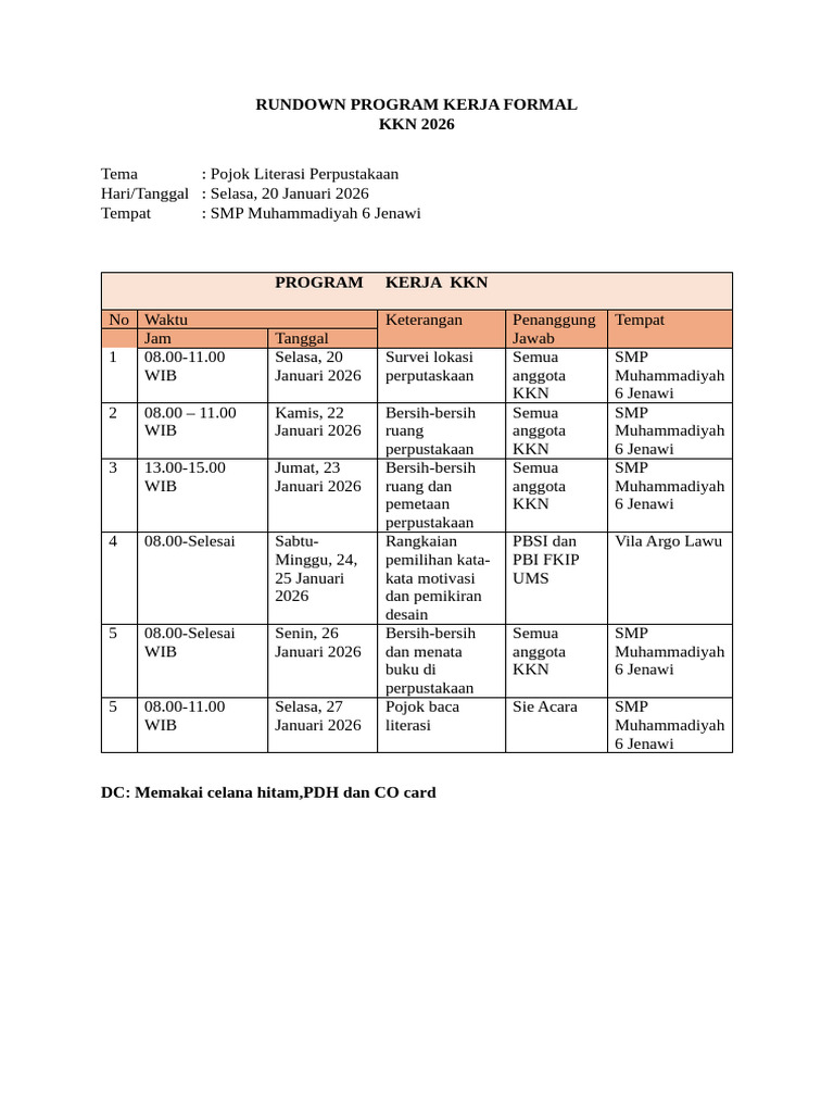 Rundown KKN 2026: Pojok Literasi Perpustakaan | PDF