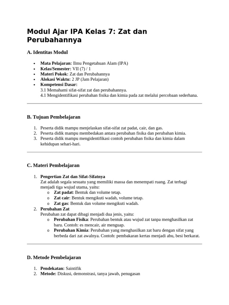 Modul IPA Kelas 7: Zat dan Perubahannya | PDF