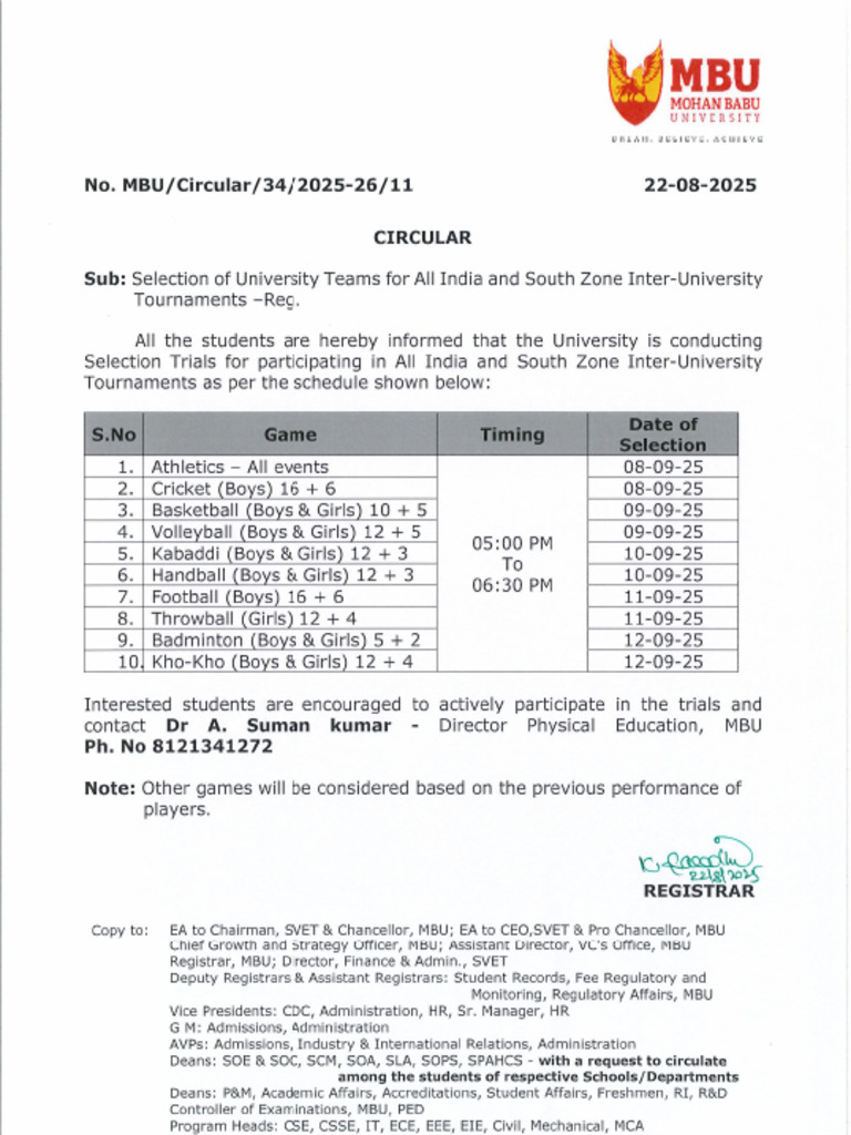 22-08-2025 MBU-Sports Selection Committee Circular | PDF