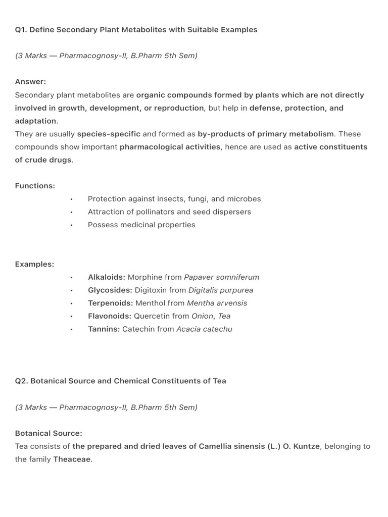 Q1. Define Secondary Plant Metabolites With Suitable Examples | PDF ...