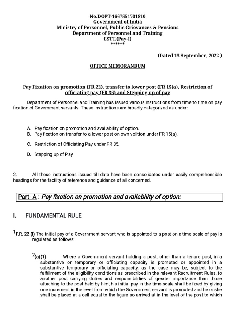 Pay Fixation on Promotion (FR 22), Transfer to Lower Post (FR 15(a ...