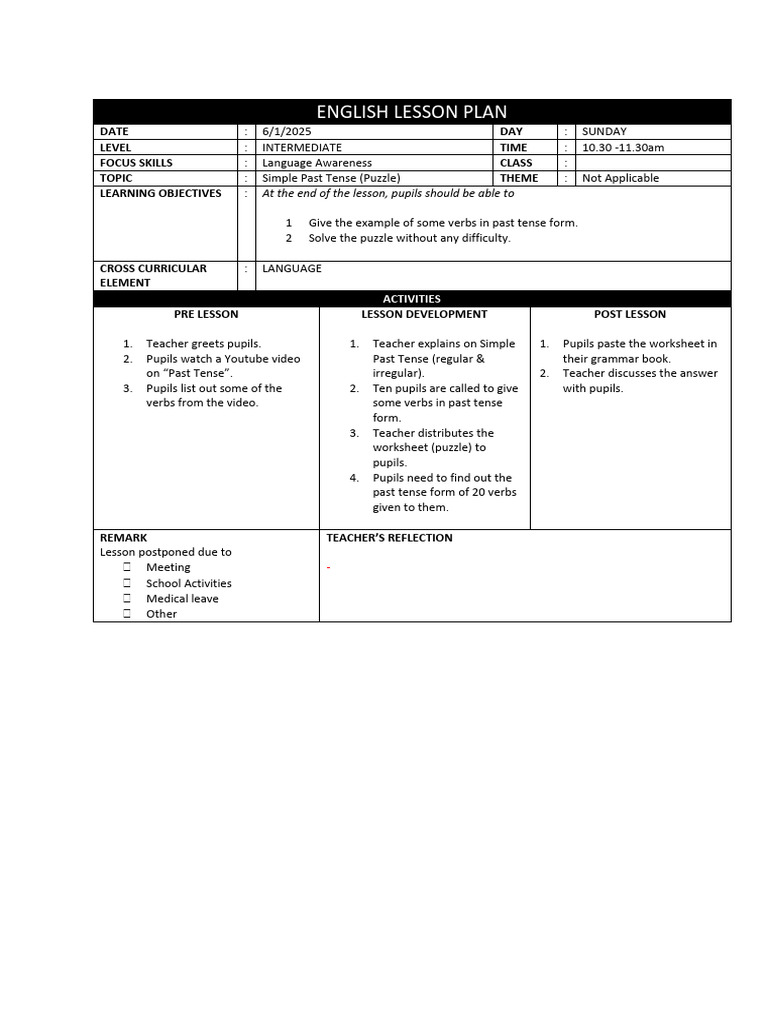 Intermediate English Lesson: Simple Past Tense | PDF