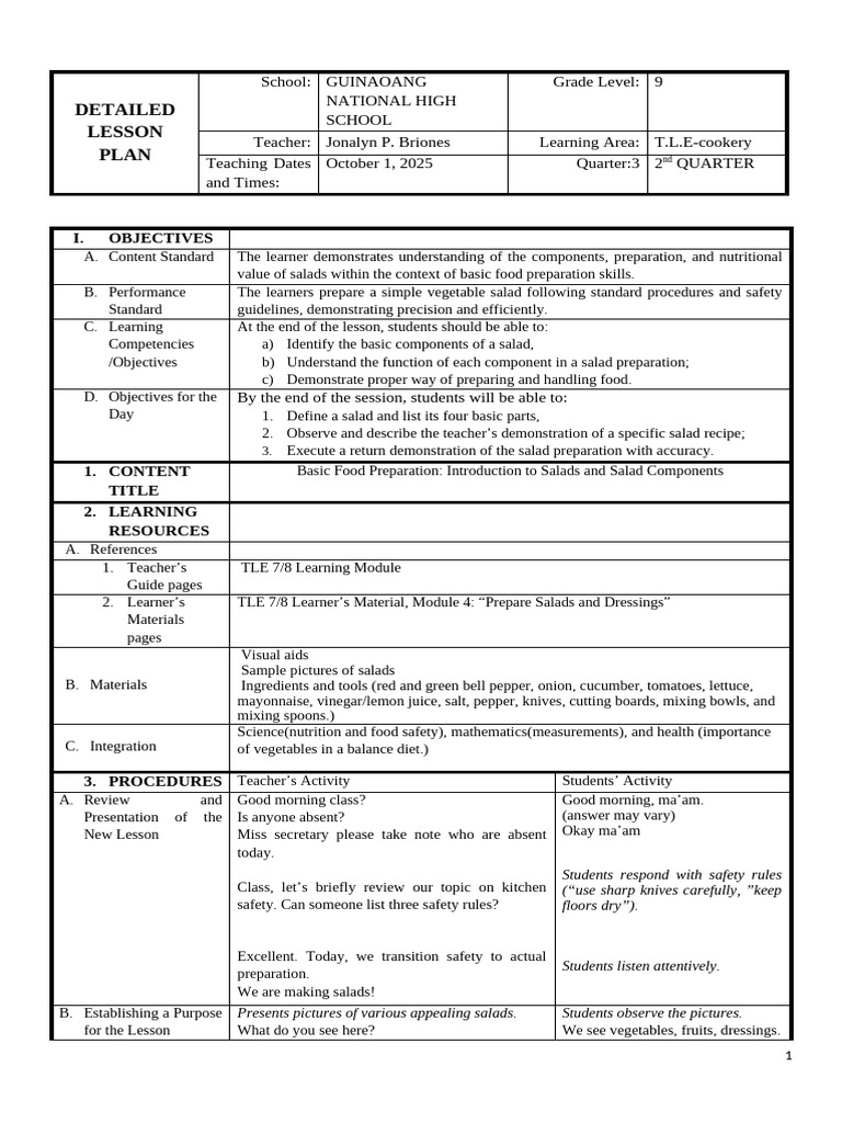Salad Preparation Lesson Plan for Grade 9 | PDF | Salad | Learning