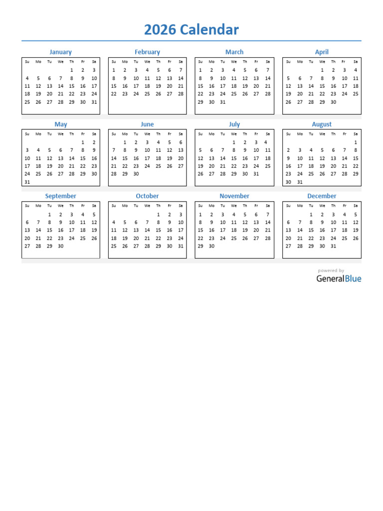 2026 Calendar Simple Sunday Start | PDF