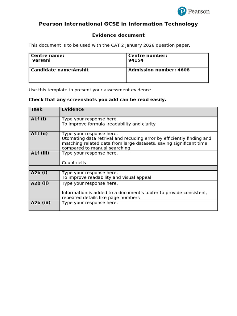 Pearson IGCSE IT Evidence Document | PDF